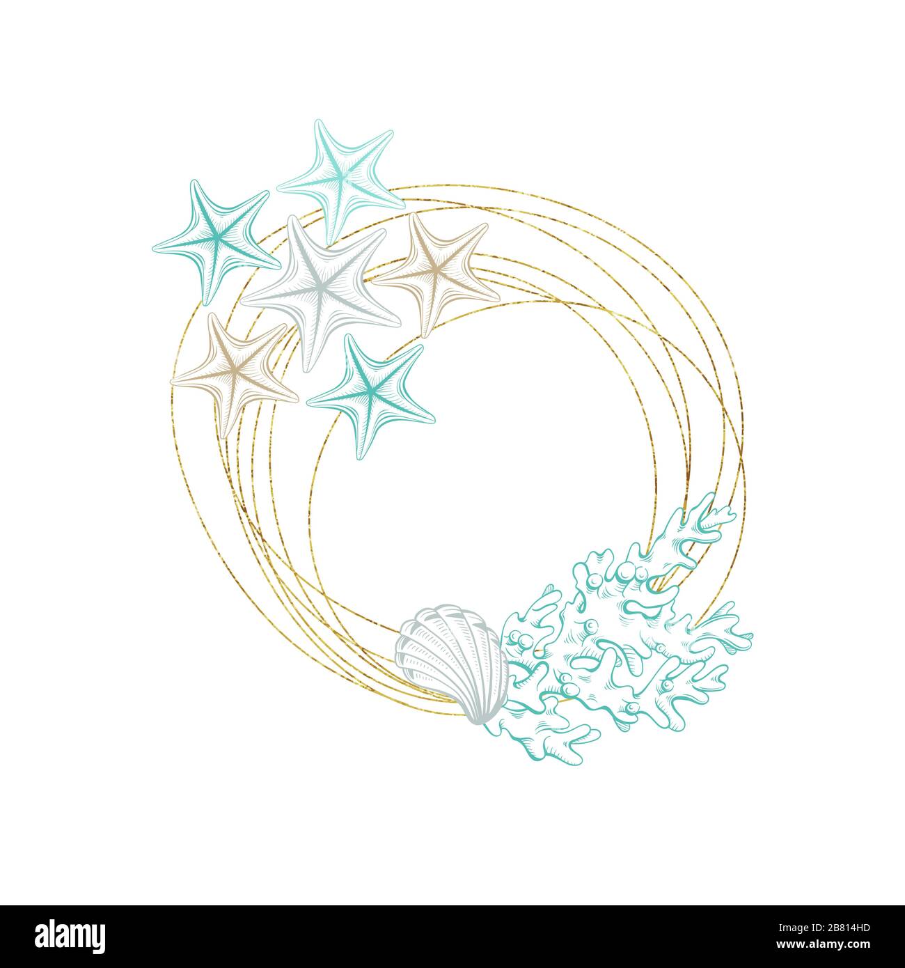 Seashell and marine algae package label, vector modern premium golden ...