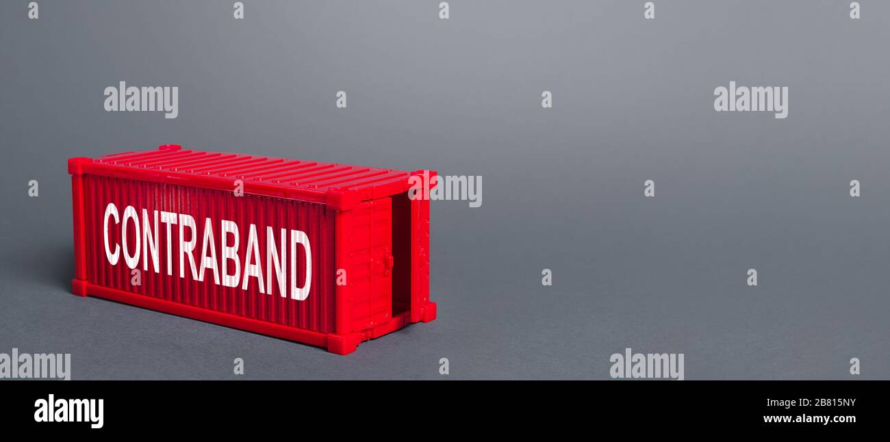 Red cargo shipping container with the word Contraband. Traffic of ...