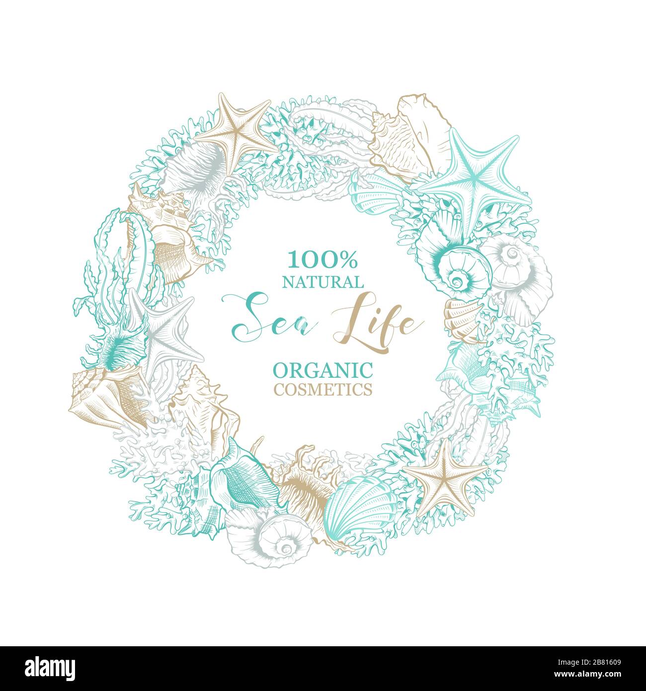 Seashells isolated vector round wreath. Marine algae and corals golden ...