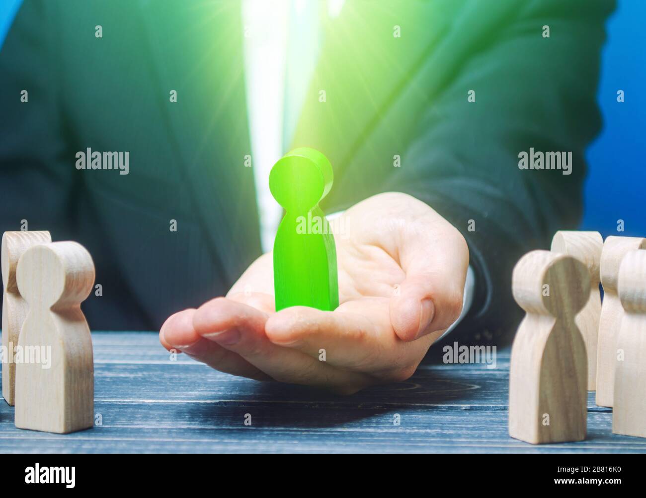 Businessman presents a newly appointed chief leader. Promotion at work ...