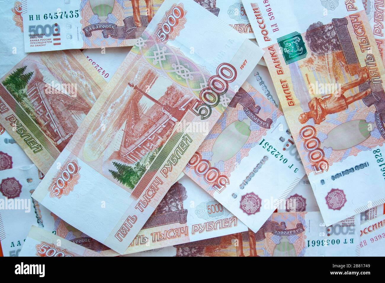 Rouble 5000 banknotes background top view. Texture of banknotes russian ...