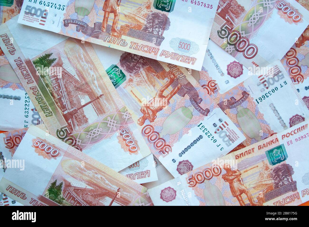 Rouble 5000 banknotes background top view. Texture of banknotes russian ...