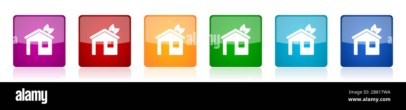 House icon set, colorful square glossy vector illustrations in 6 ...