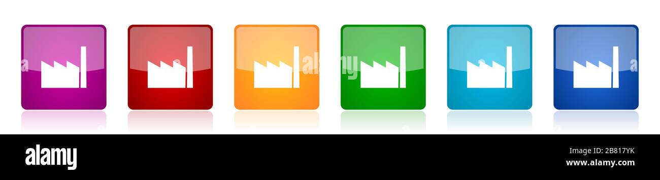 Factory icon set, colorful square glossy vector illustrations in 6 ...