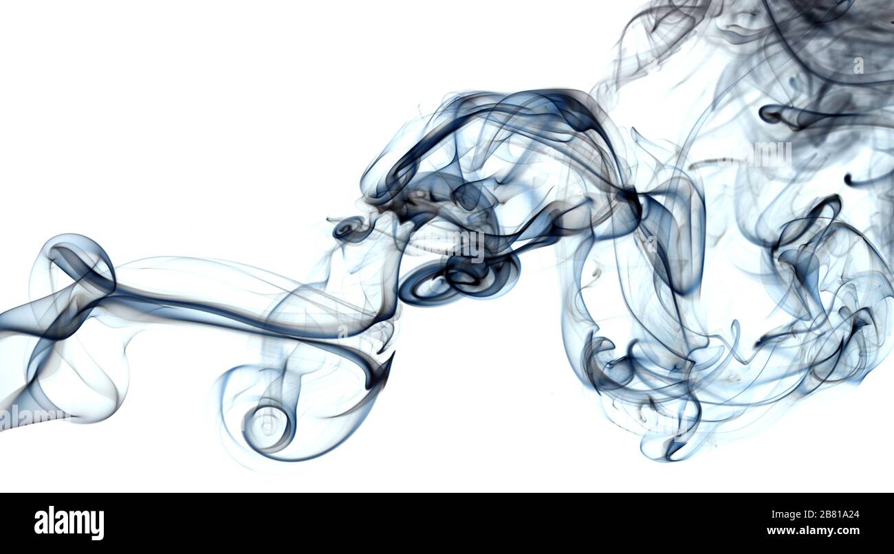 Light and dark blue smoke on white background. Smoke goes from bottom ...