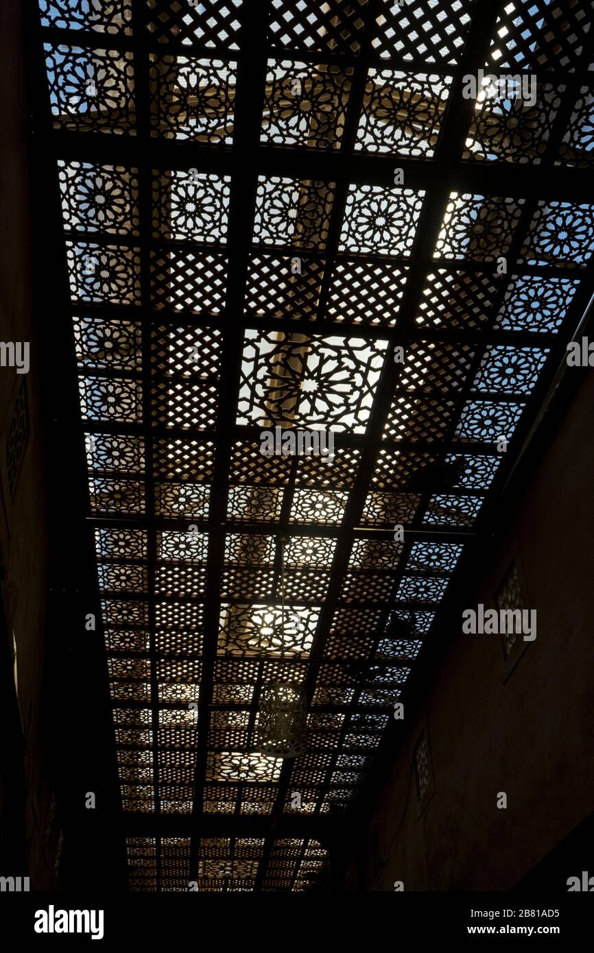 Refurbished roof at the souks of the medina old town in Marrakesh ...