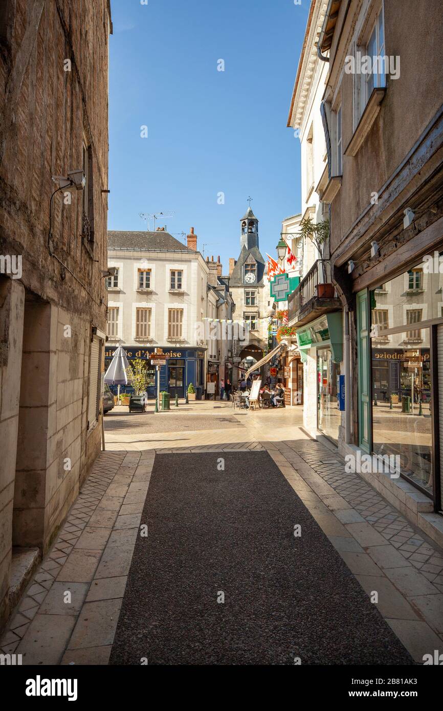 Narrow street and shops in the town centre of Amboise, Loire Valley ...