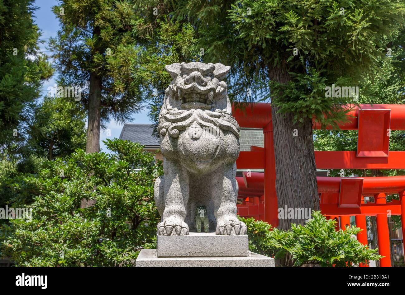 Lion-dog, or komainu, at Miumajinja shinto shrine, Kanazawa, Japan ...