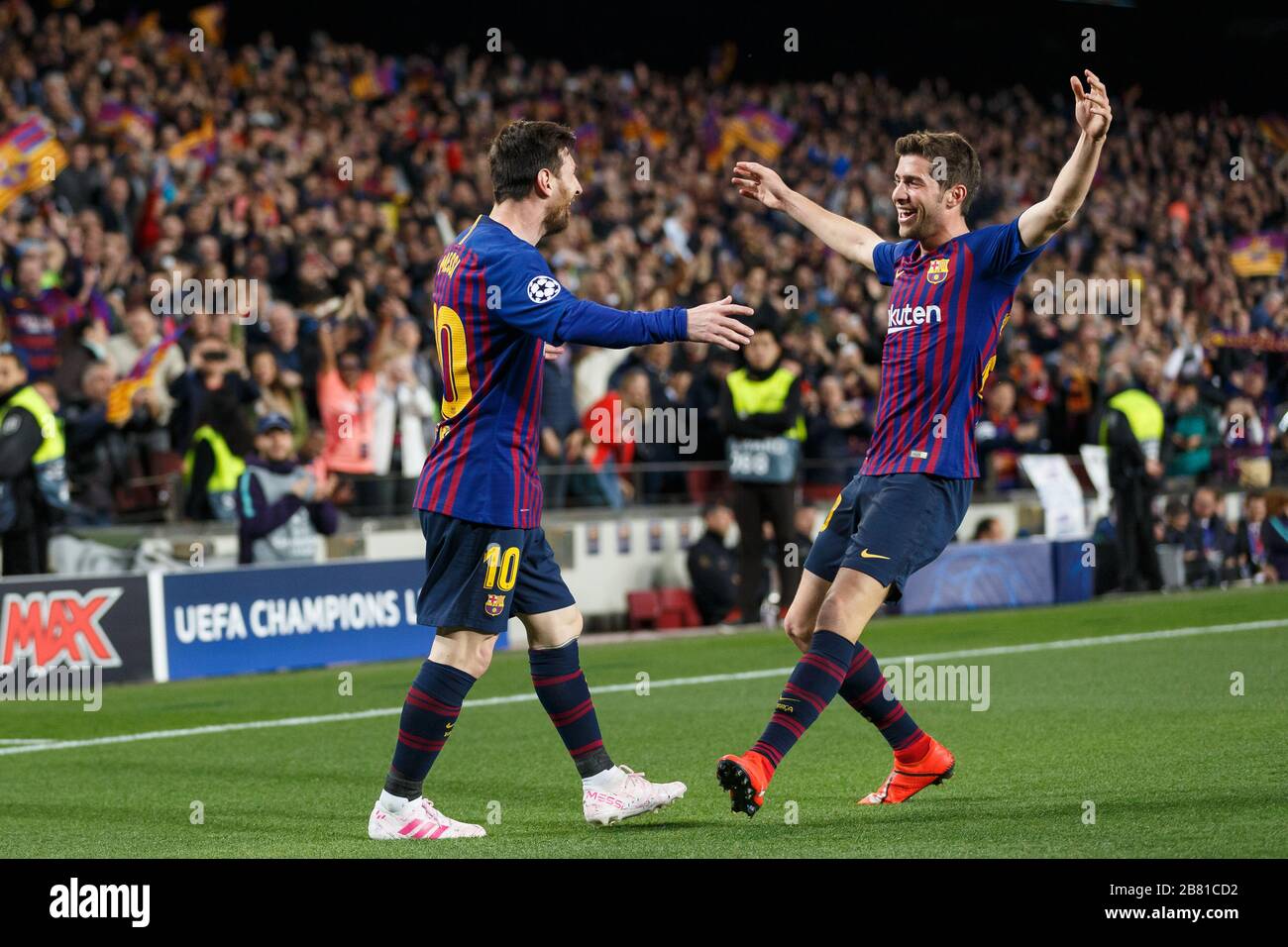 BARCELONA, SPAIN - APRIL 16: Lionel Messi of FC Barcelona celebrates a ...