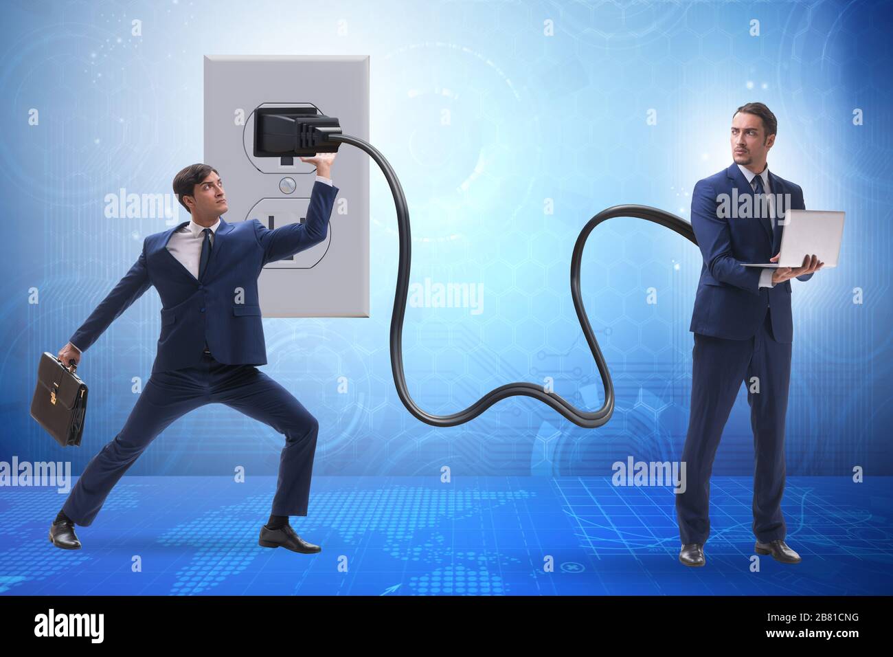 The businessman being powered by electricity and plug Stock Photo - Alamy