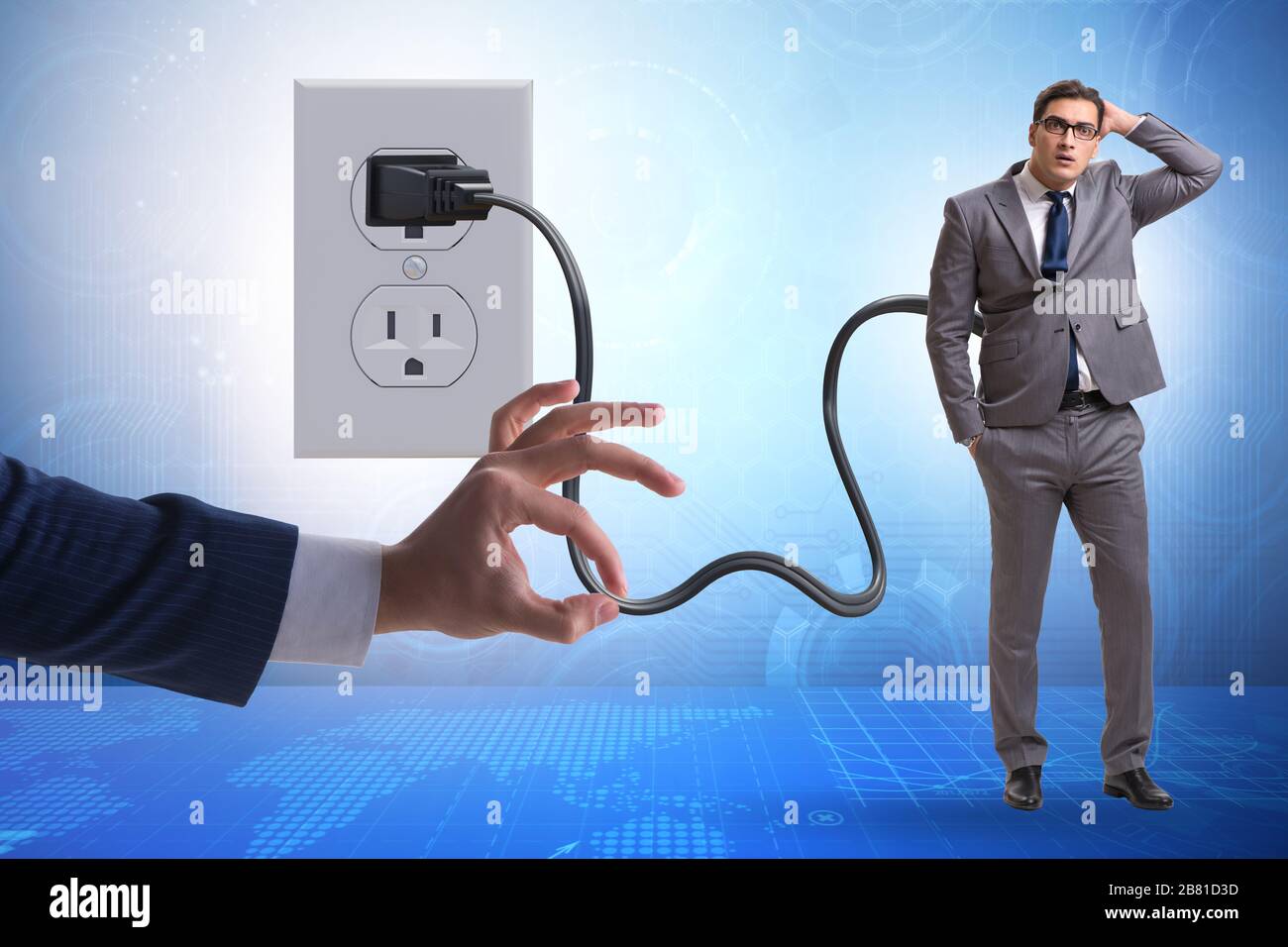 The businessman being powered by electricity and plug Stock Photo - Alamy