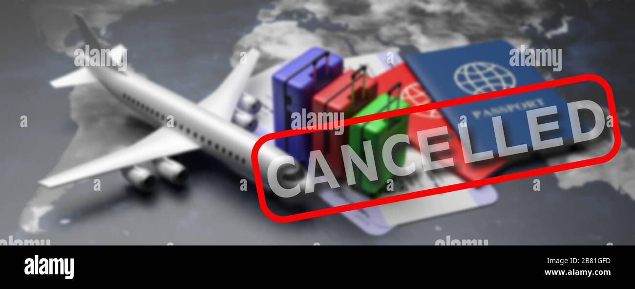 Travel trip CANCELLED. Text on plane luggage and travel documents ...