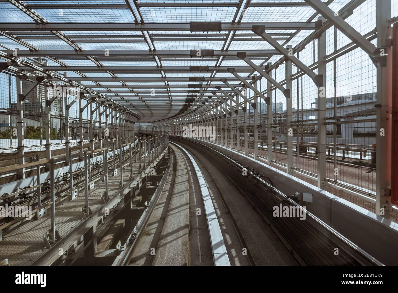 tunnel of monorail road view from front window of a moving train ...