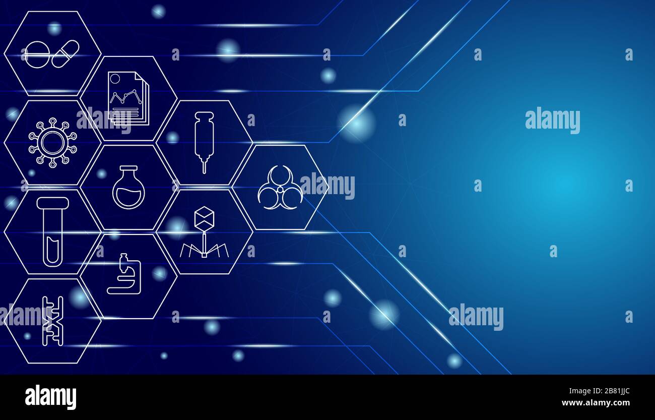 Blue radial gradient background with science and medical icon and ...