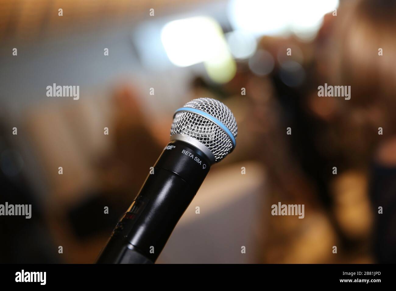 Close up of microphone in concert hall or conference room Stock Photo ...