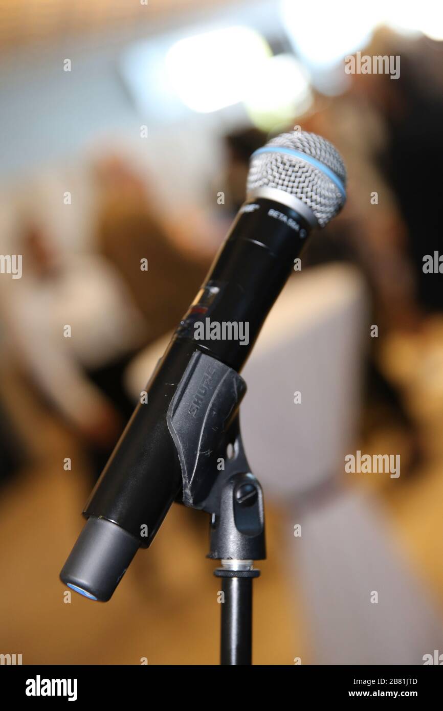 Close up of microphone in concert hall or conference room Stock Photo ...