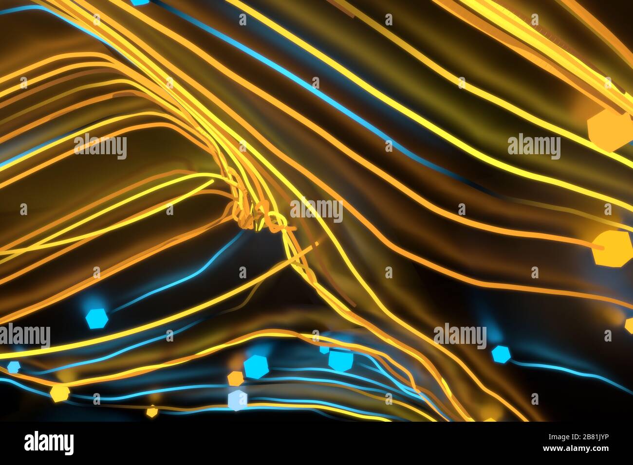 Neon glowing twisted cosmic lines on the glossy surface. Turbulence ...
