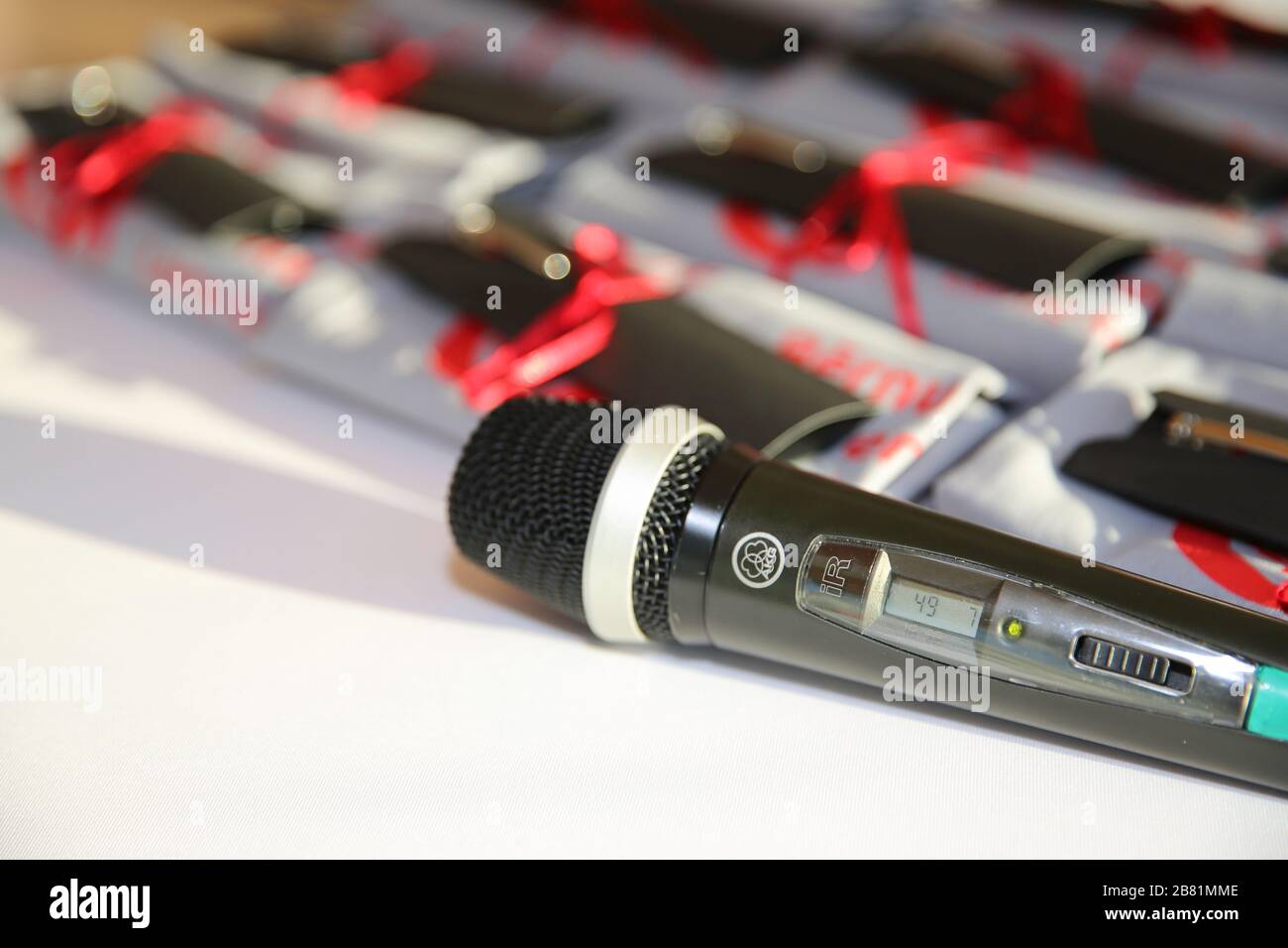 Close up of microphone in concert hall or conference room Stock Photo ...