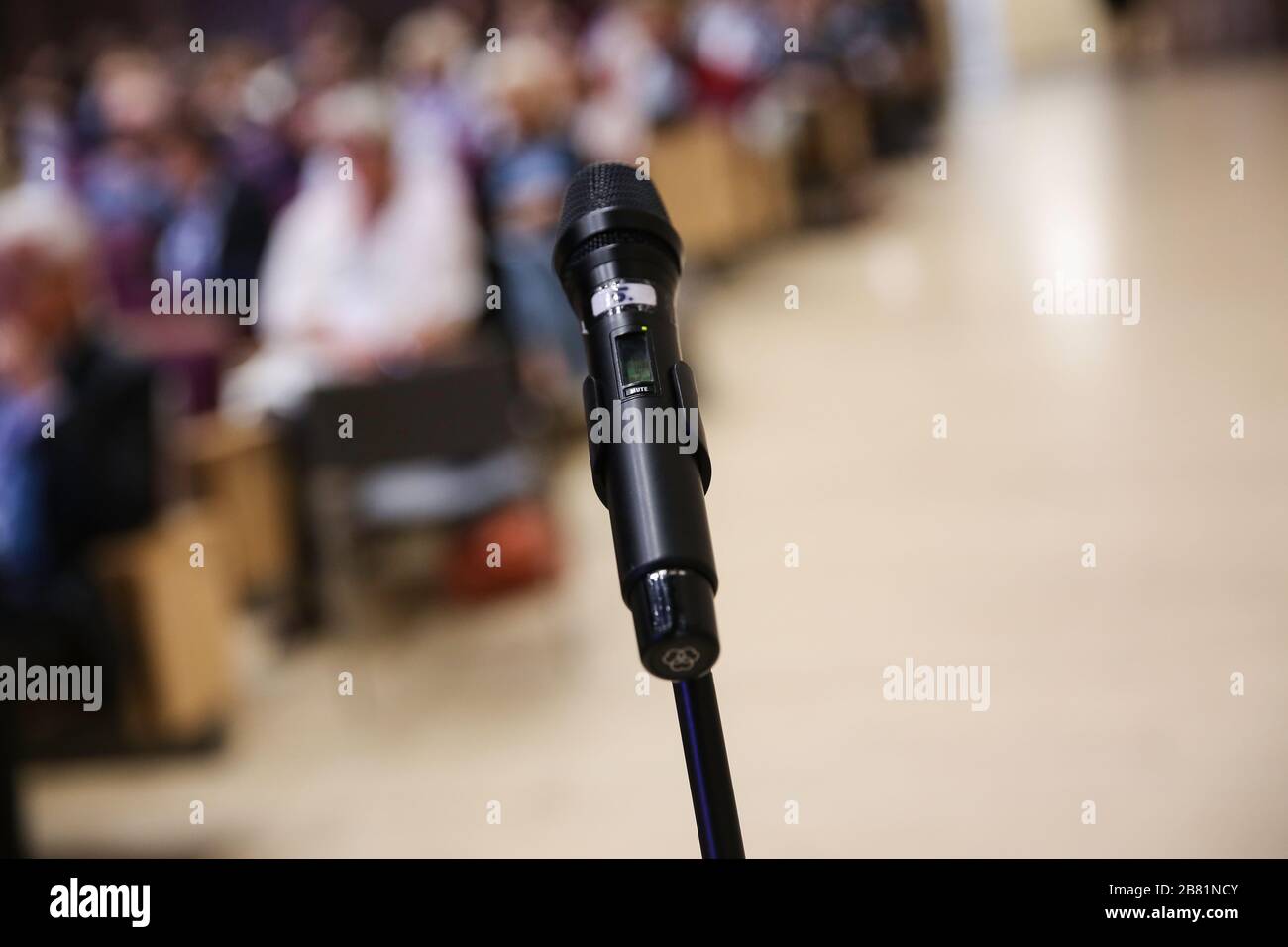 Close up of microphone in concert hall or conference room Stock Photo ...