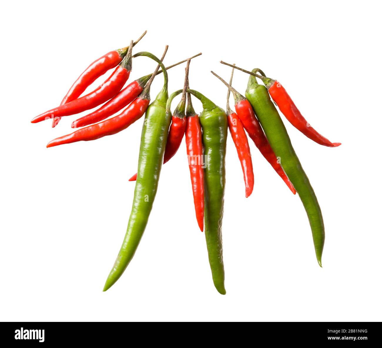 Red and green chili pepper close up top view. Different colors of raw ...
