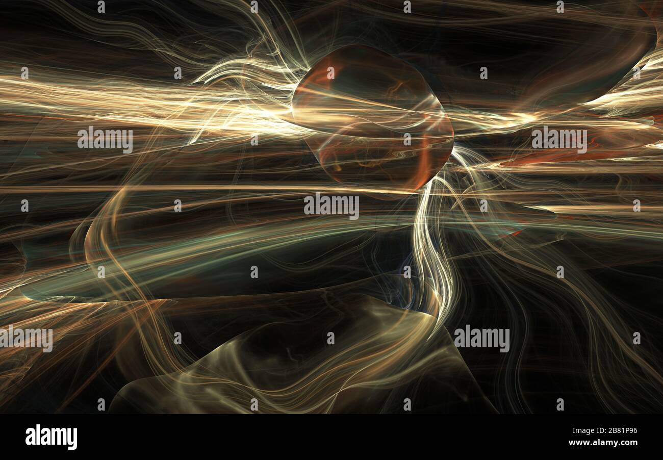 Neon glowing twisted cosmic lines flying in the space. Turbulence curls ...