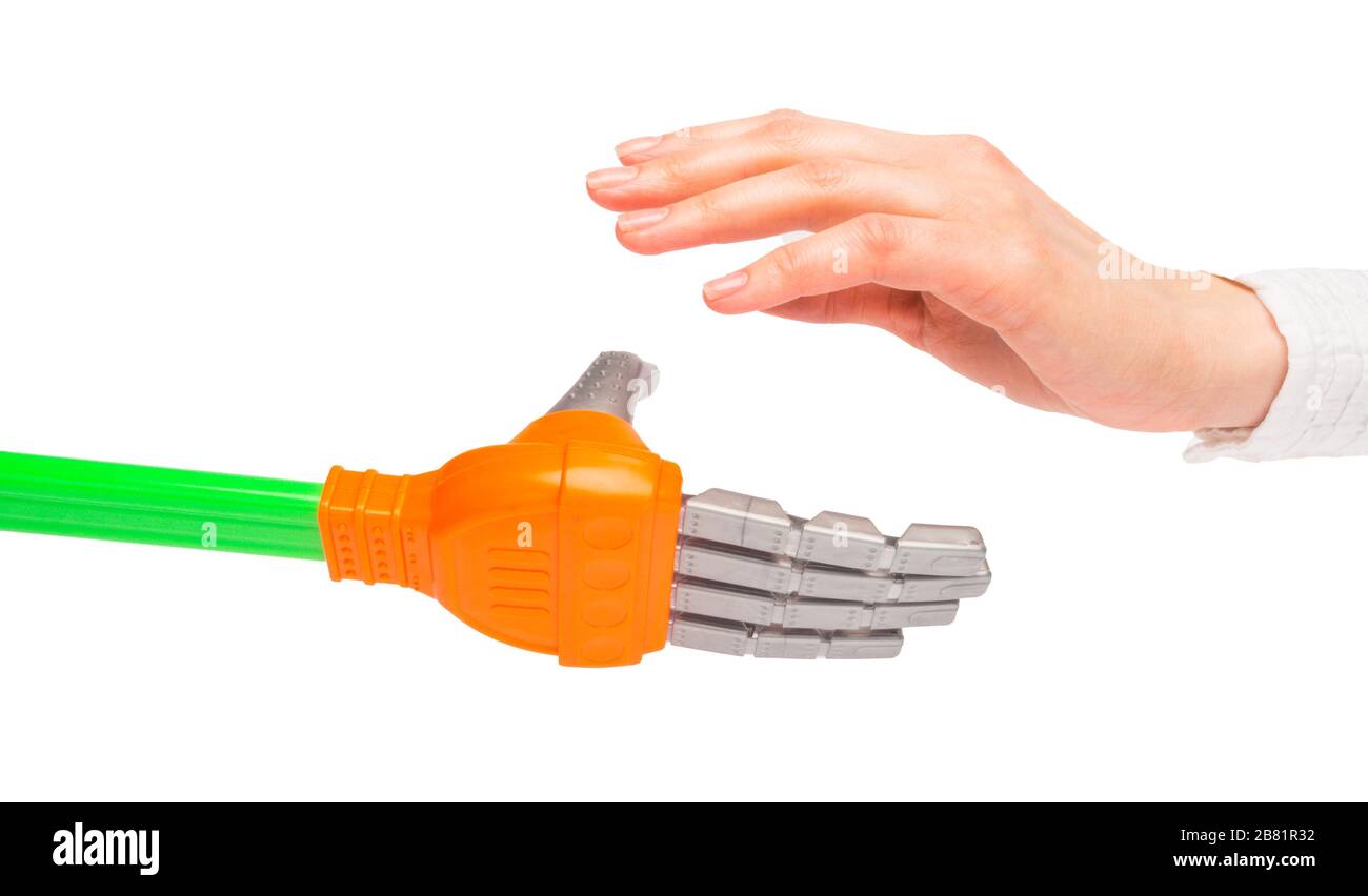 female and robot hands connection, human and intelligence technology ...