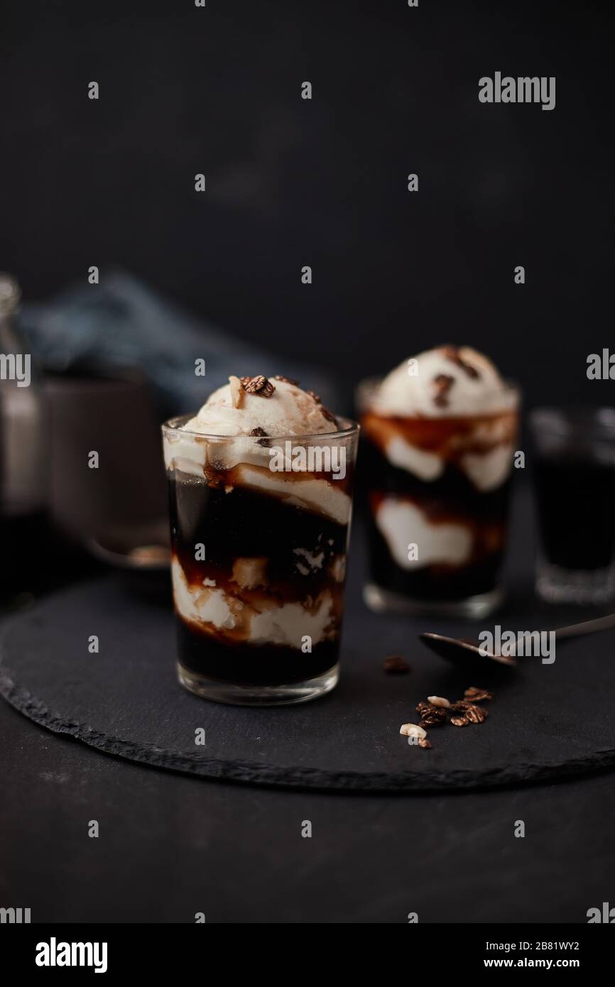 Iced coffee with vanilla ice cream called affogato in Italy Stock Photo ...