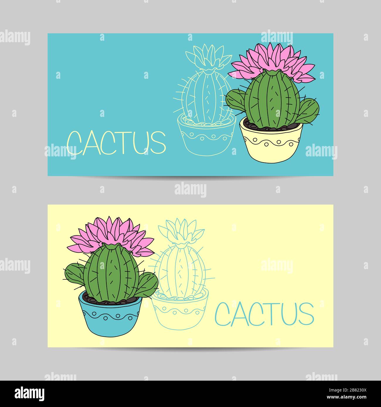 Set of horizontal banners with cactus and succulents in the pots. Hand ...