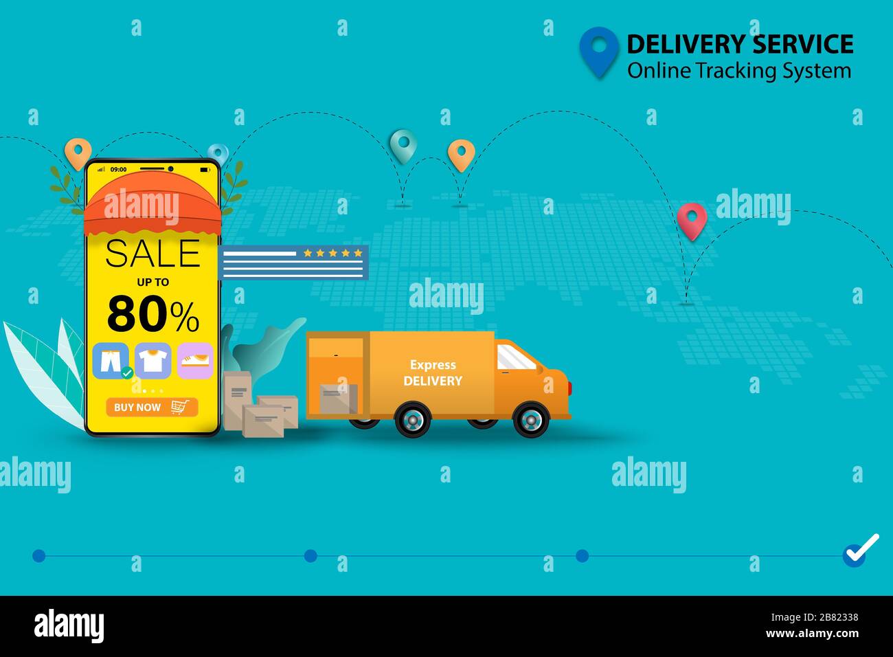 Concept of delivery service with online tracking system, van with group ...