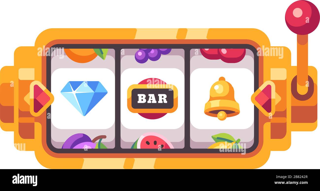 Golden slot machine with various symbols. Casino flat illustration ...