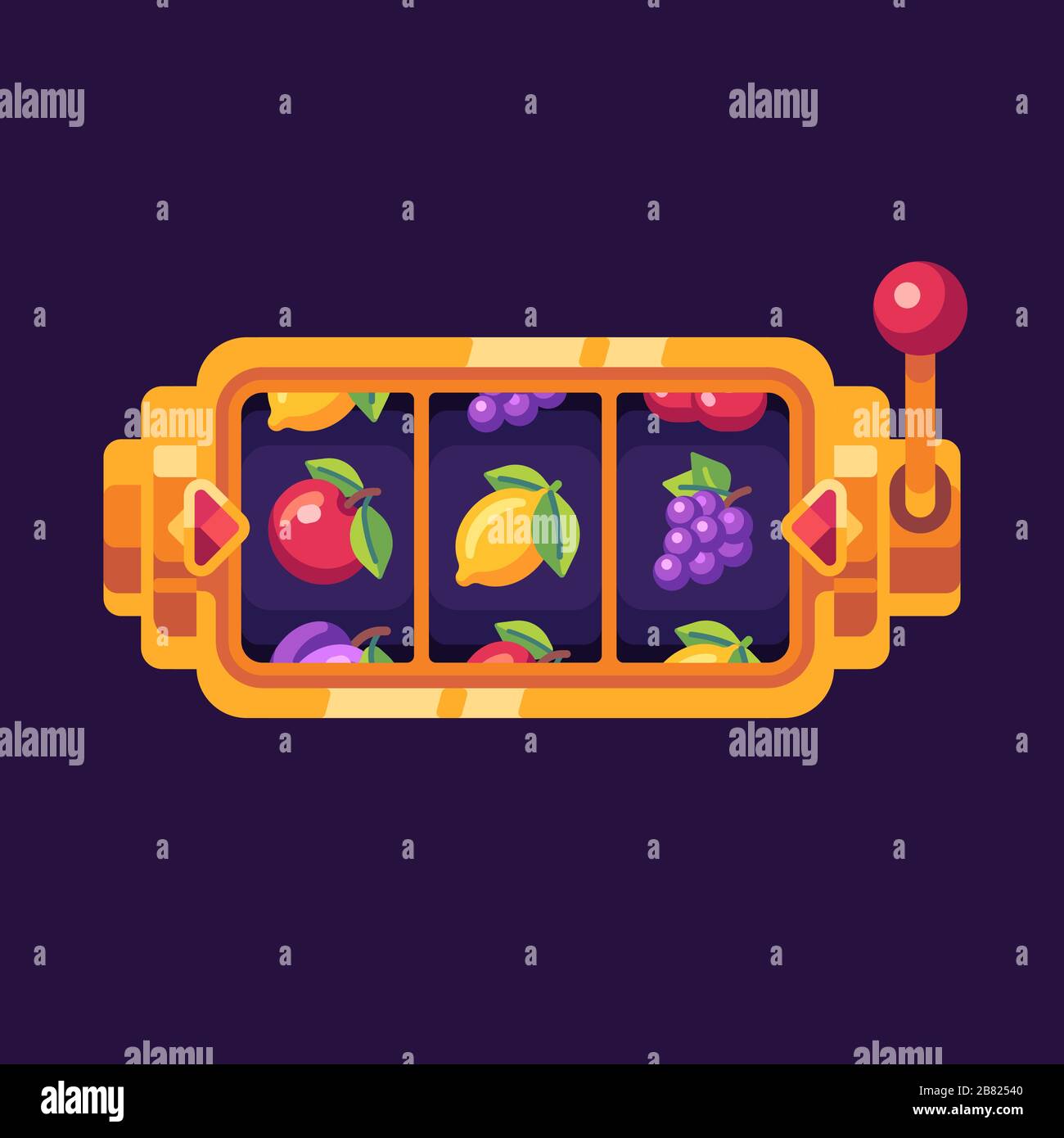 Golden slot machine with fruit symbols on dark background. Casino flat ...