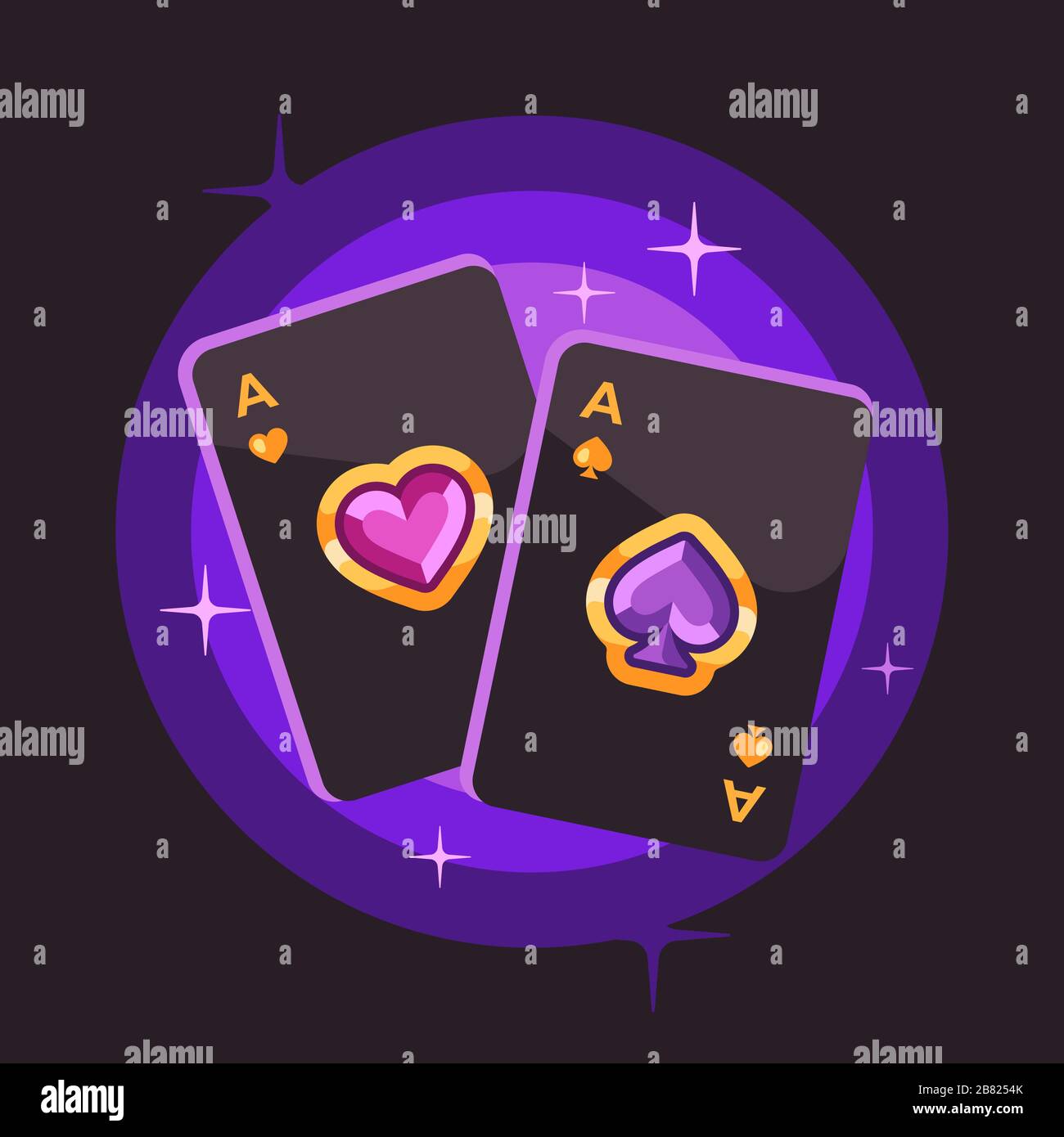 Two shiny playing card aces on purple background. Poker flat ...
