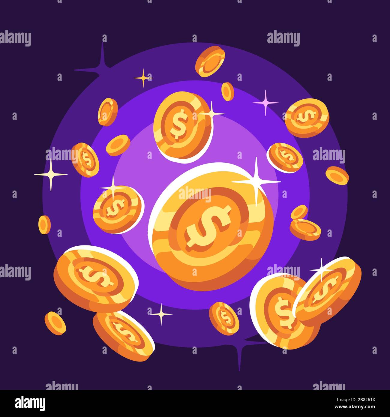 Shiny gold coins falling down. Flying coins on purple background Stock ...