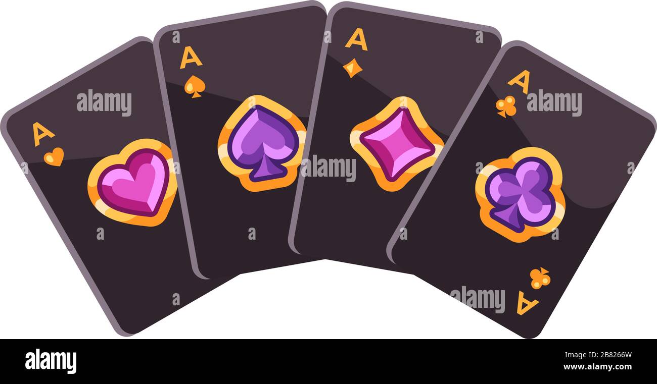 Four black and gold playing card aces with pink and purple gem symbols ...