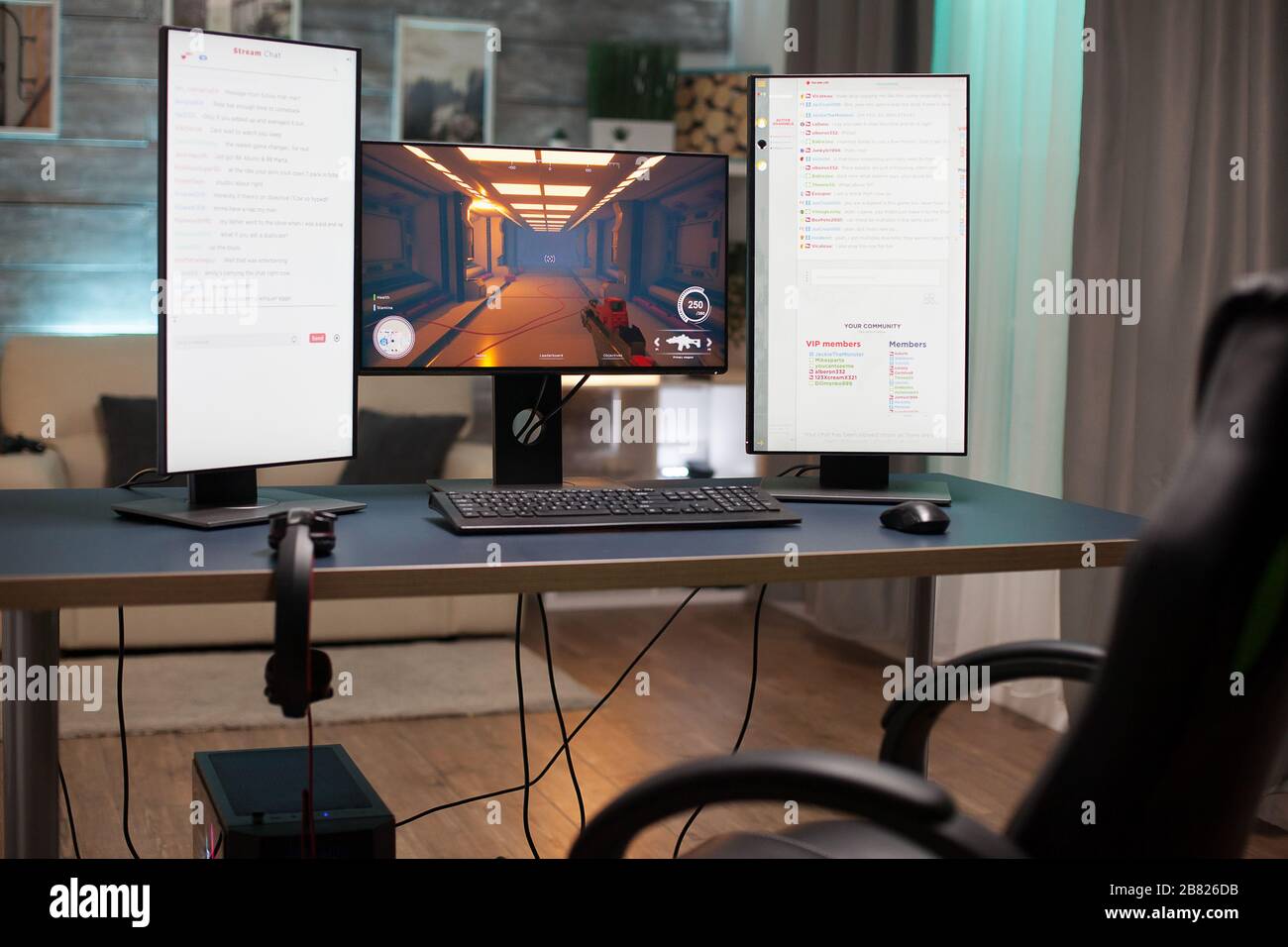 Close up of empty room with powerful computer ready for online gaming ...