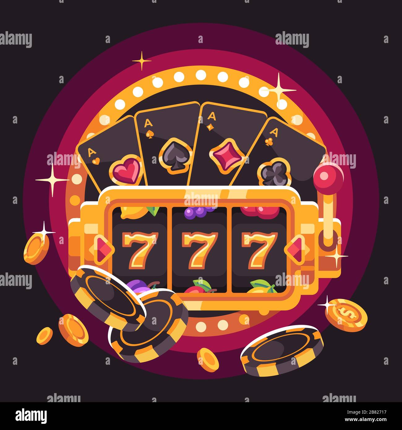 Black and gold slot machine with playing cards, poker chips and gold ...