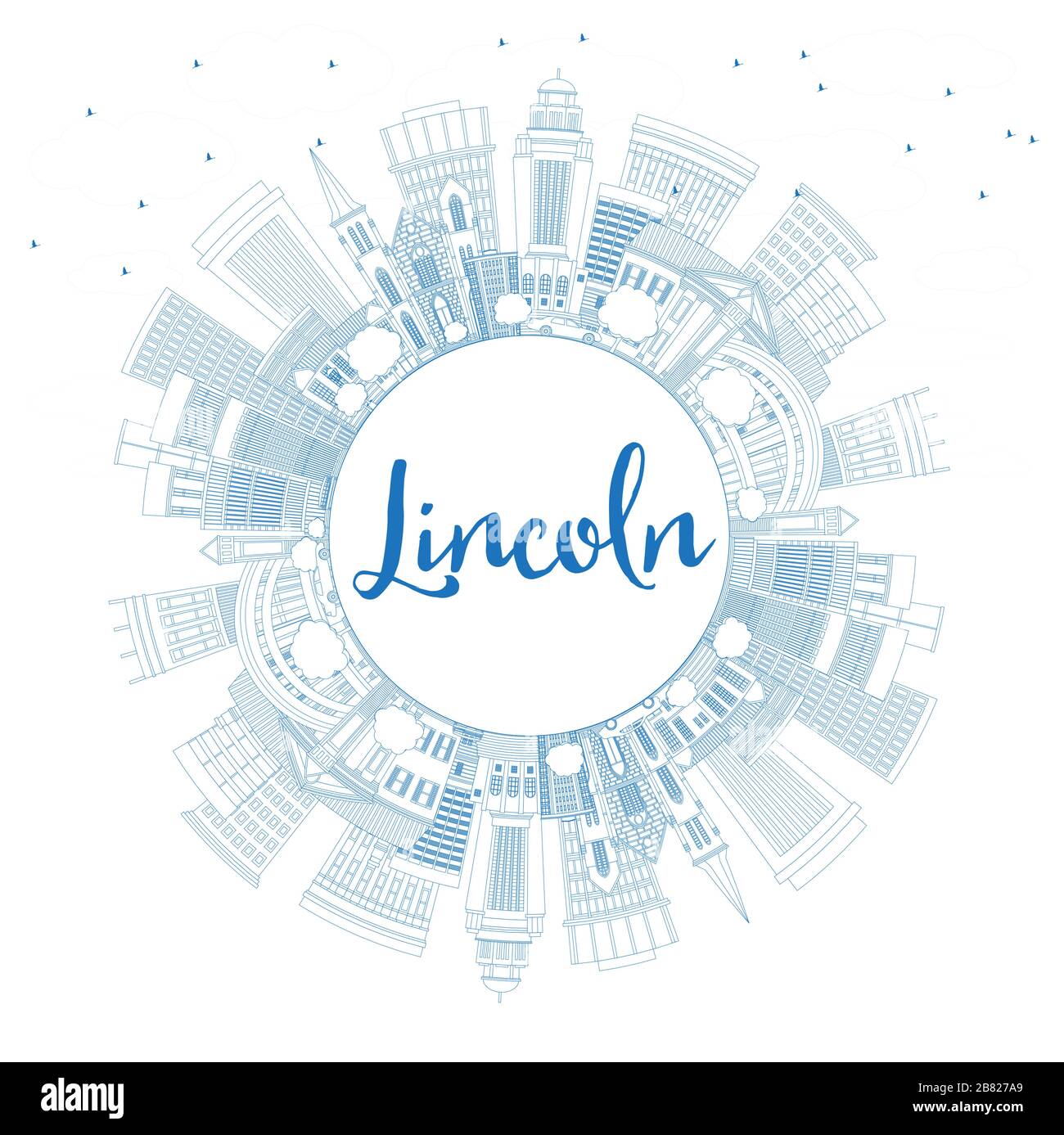 Outline Lincoln Nebraska City Skyline with Blue Buildings and Copy ...