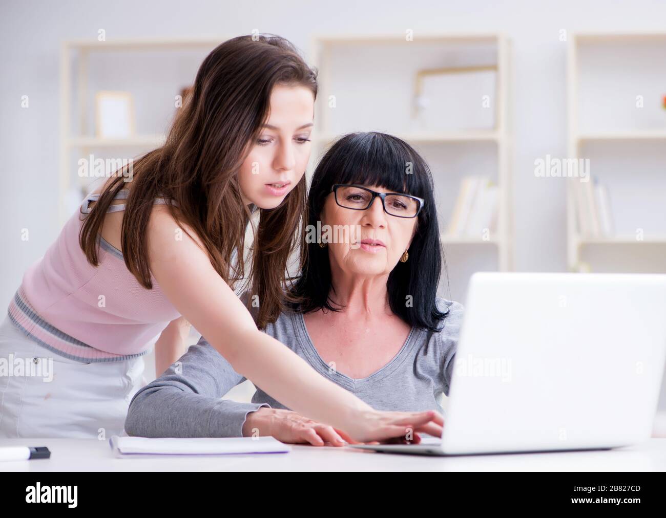 The daughter explaining to mom how to use computer Stock Photo - Alamy
