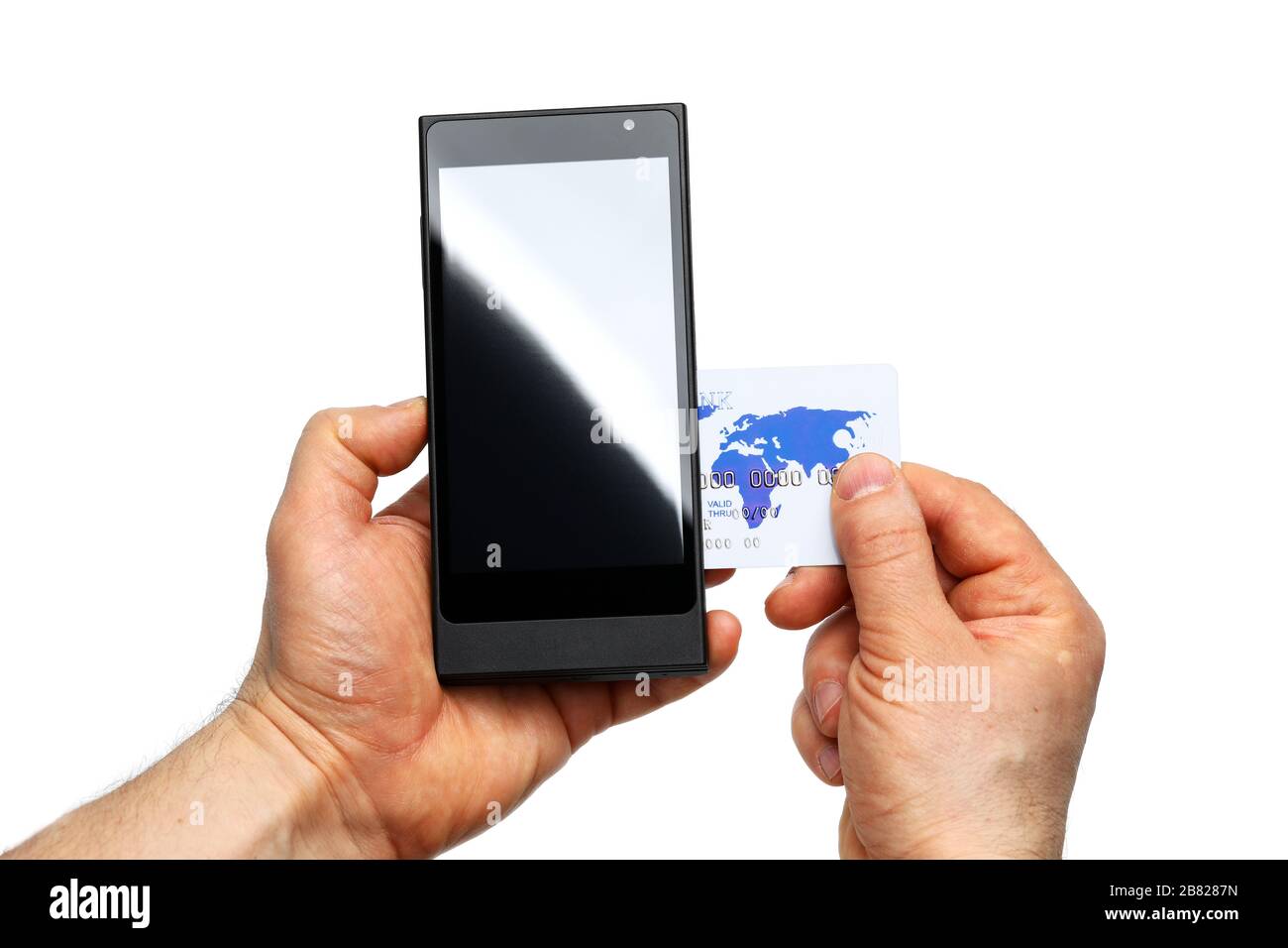 Male hands holding wireless pos terminal and banking card isolated on ...