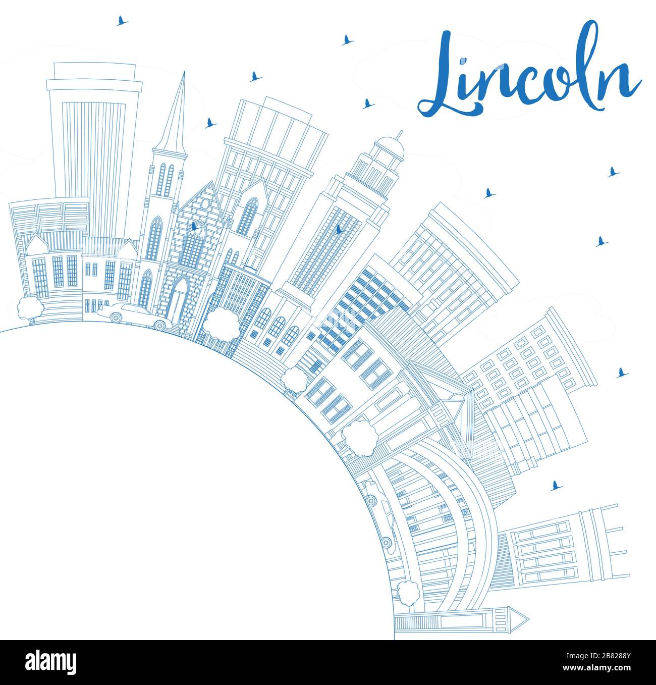 Outline Lincoln Nebraska City Skyline with Blue Buildings and Copy ...