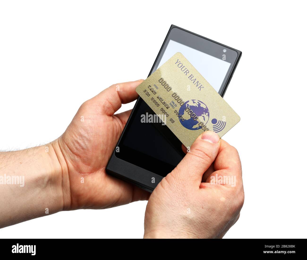Male hands holding wireless pos terminal and banking card isolated on ...