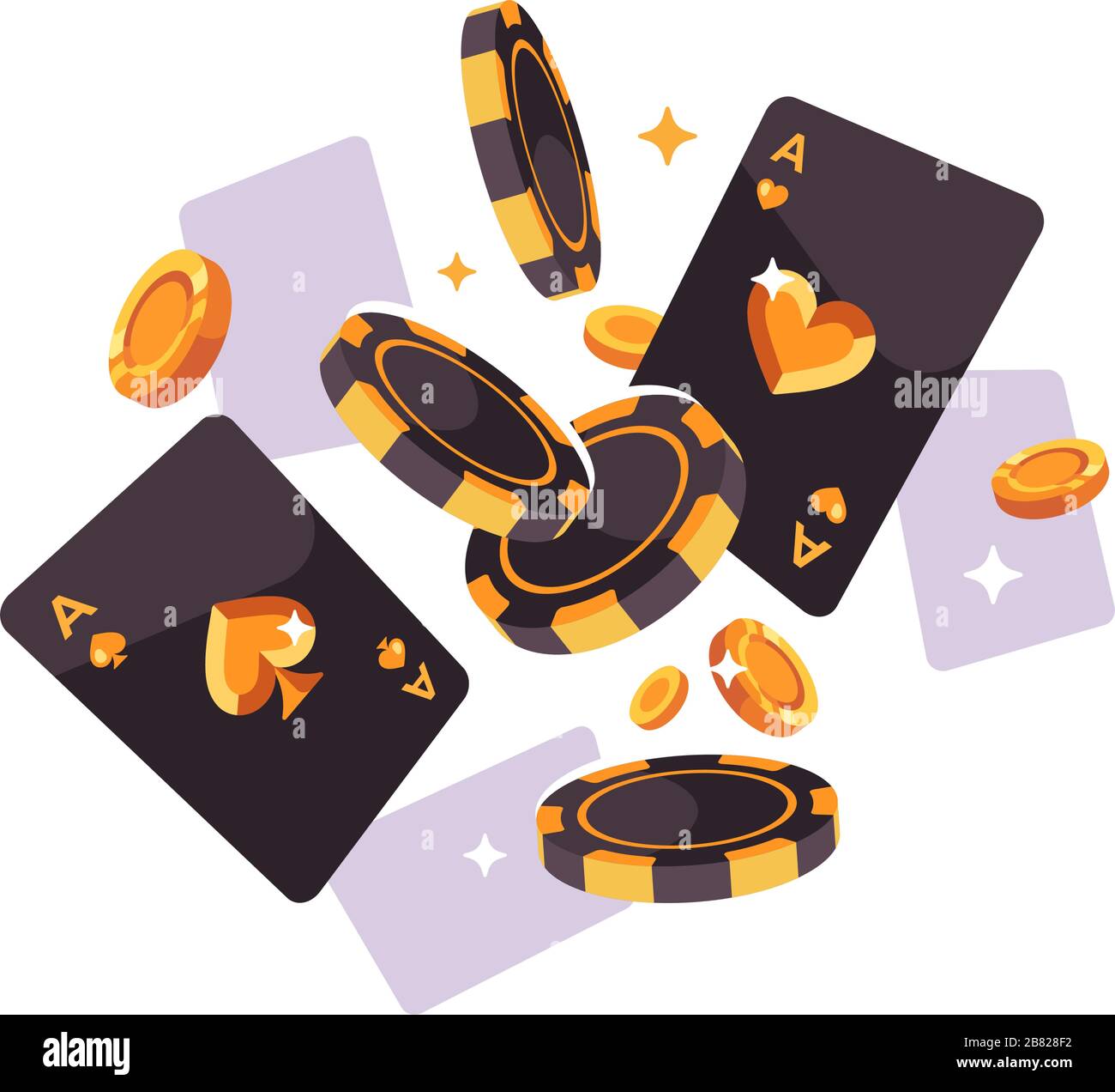 Playing cards, chips and coins flying. Poker flat isolated illustration ...