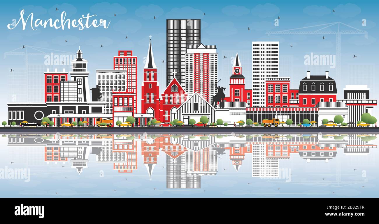 Manchester New Hampshire City Skyline with Gray Buildings, Blue Sky and ...