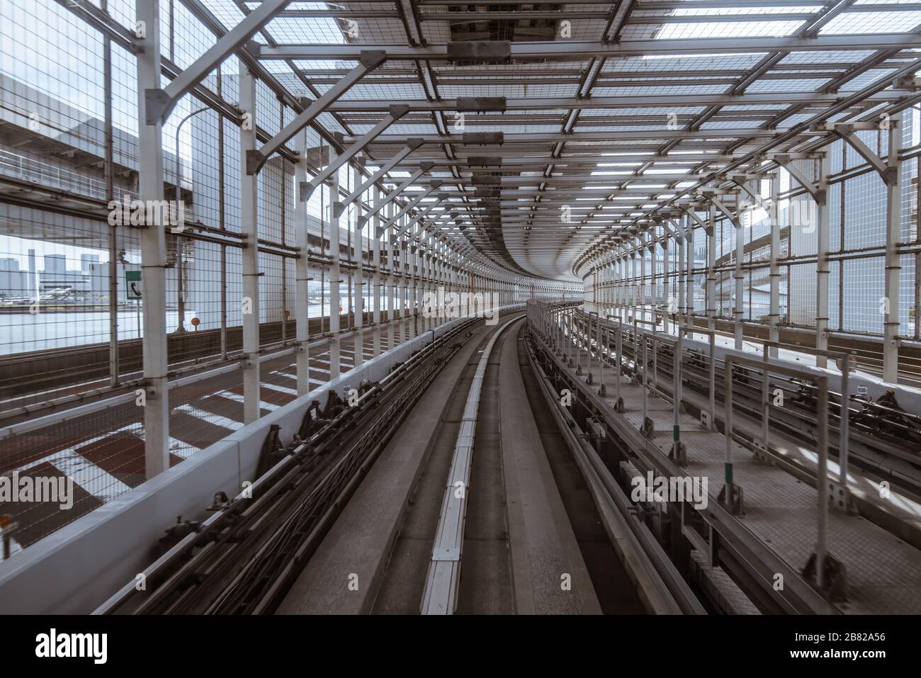 tunnel of monorail road view from front window of a moving train ...
