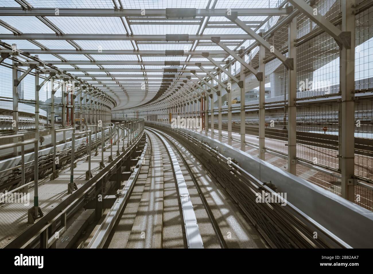 tunnel of monorail road view from front window of a moving train ...