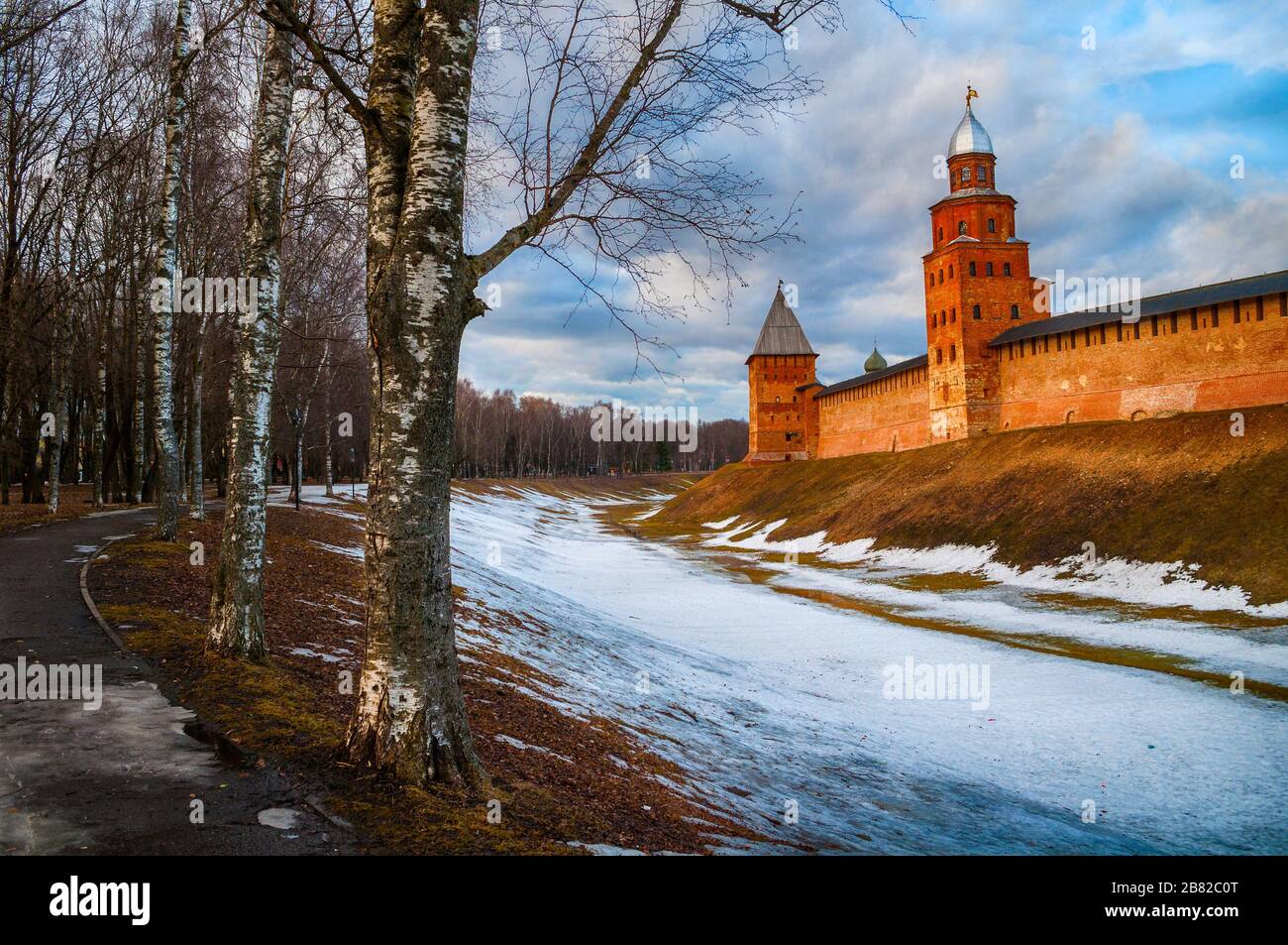Veliky Novgorod Kremlin towers at early spring evening in Veliky ...