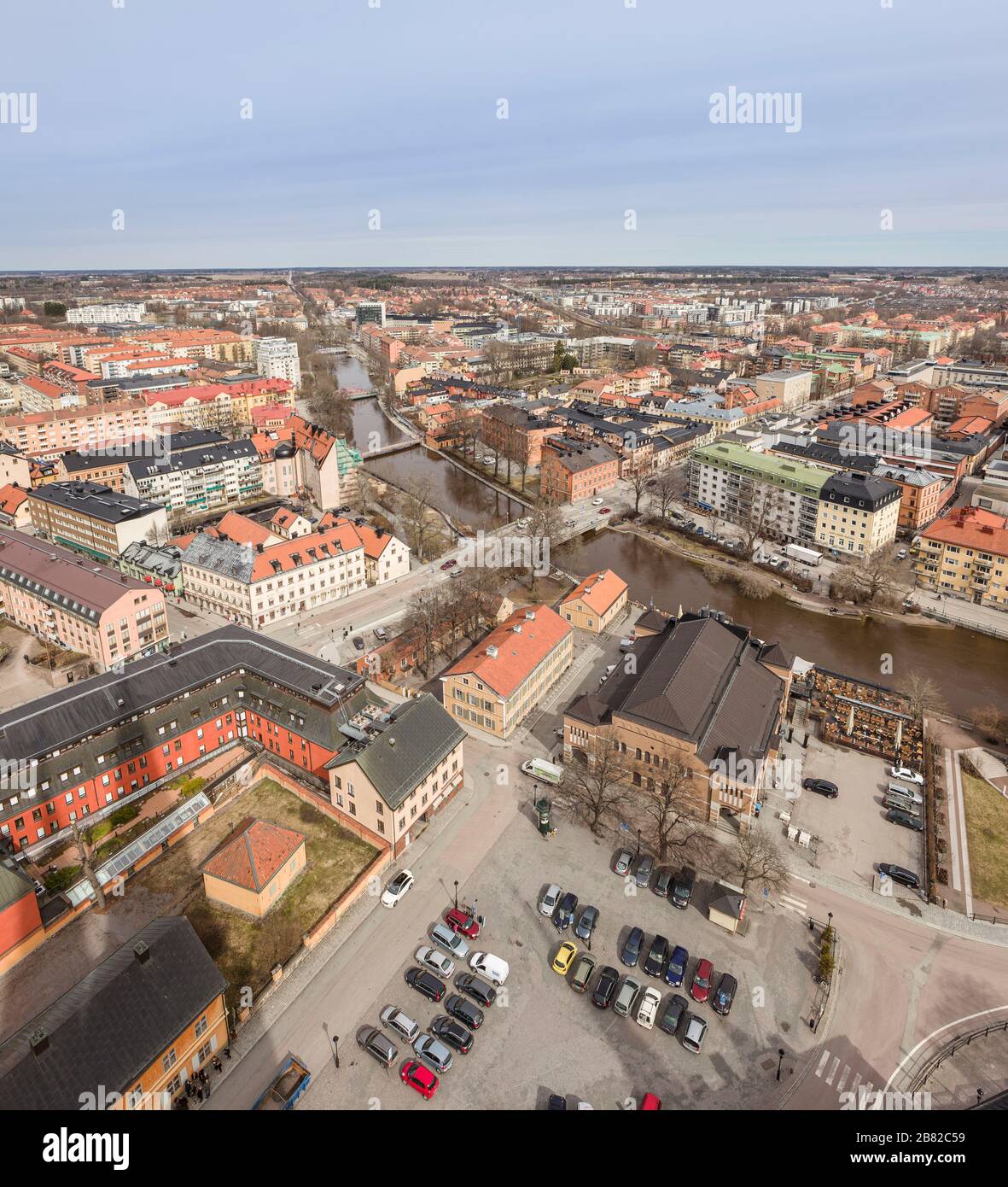 Aerial view of central Uppsala facing north from the cathedral. With ...