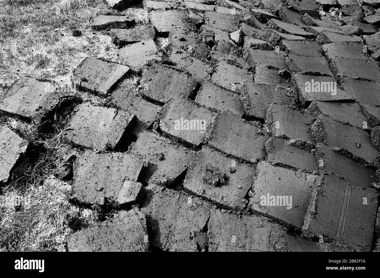 Freshly cut peat bogs on a stretch of land on the island of Lewis in ...