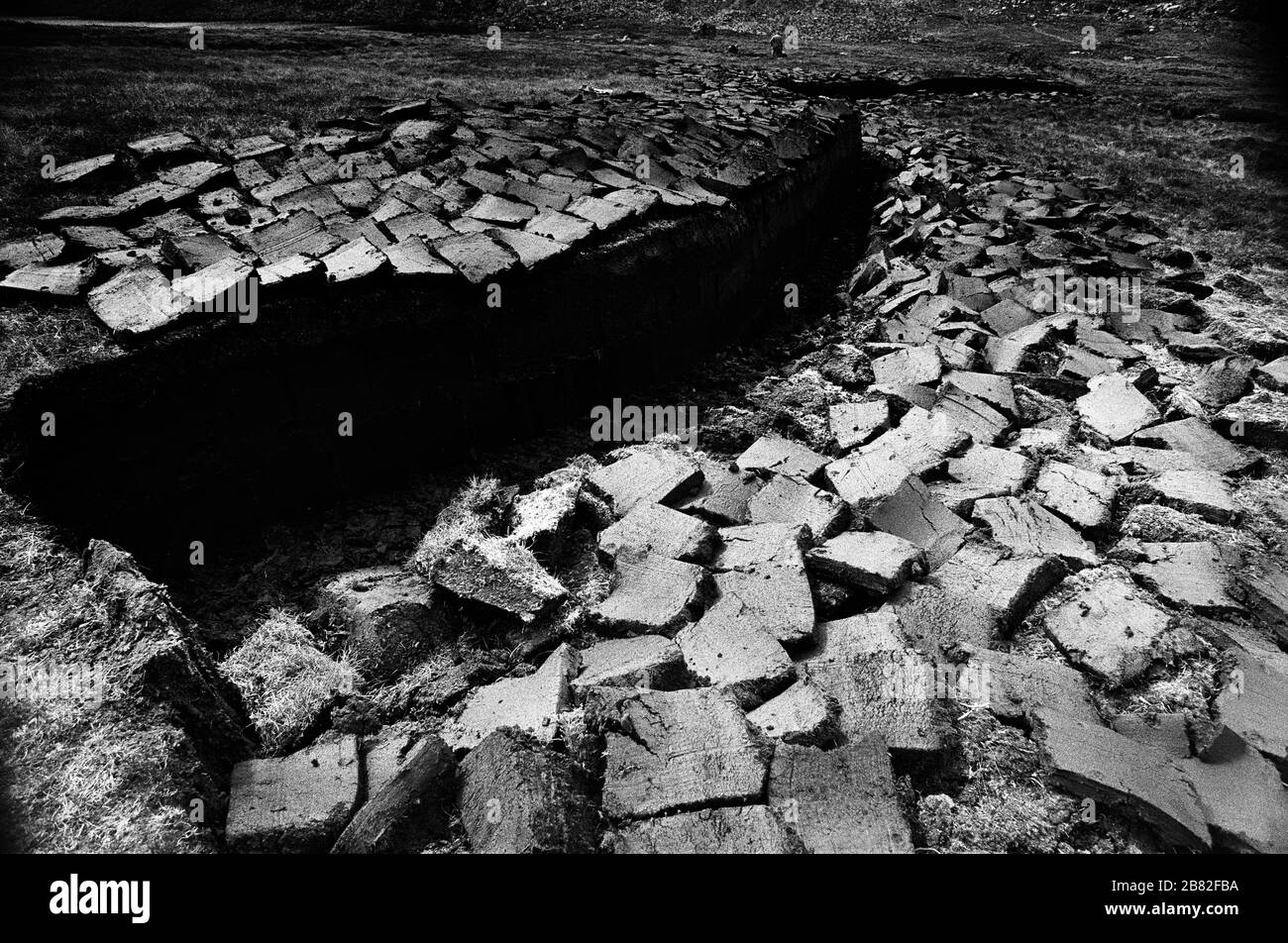 Freshly cut peat bogs on a stretch of land on the island of Lewis in ...
