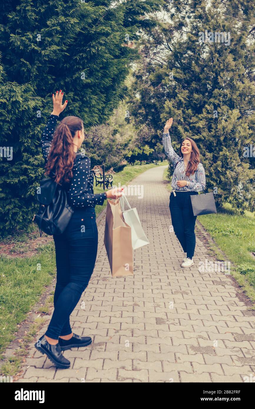Two woman waving hands friend hi-res stock photography and images - Alamy